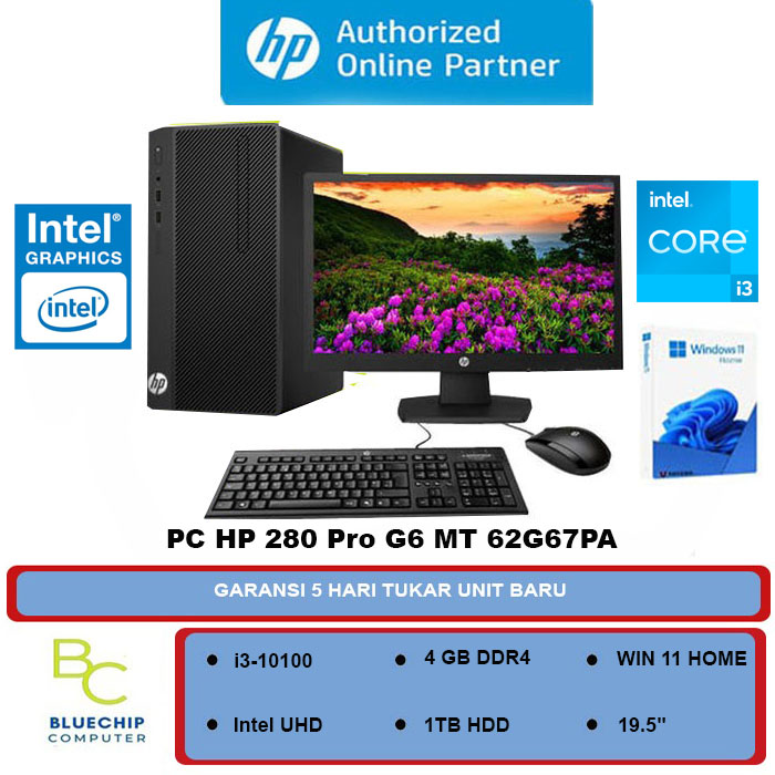 PC DESKTOP HP 280 Pro G6 MT 62G67PA - i3-10100 1TB 4GB HP 19.5" P204V ...