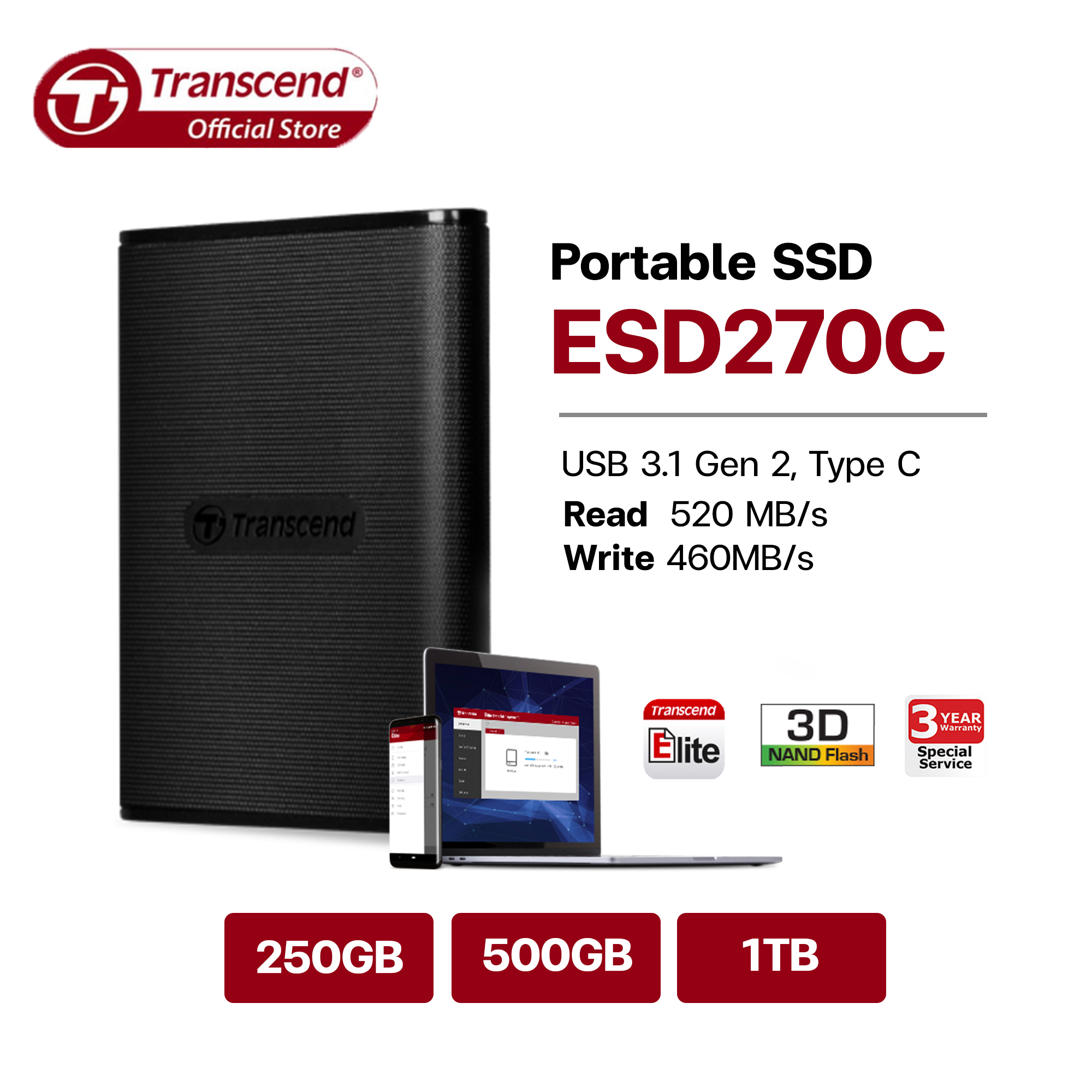 Transcend Hardisk External SSD ESD270C - 500GB | SIPLah Transcend Hardisk External SSD ESD270C - 500GB | SIPLah