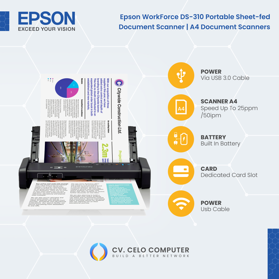 Epson WorkForce DS-310 Portable Sheet-fed Document Scanner | A4 ...