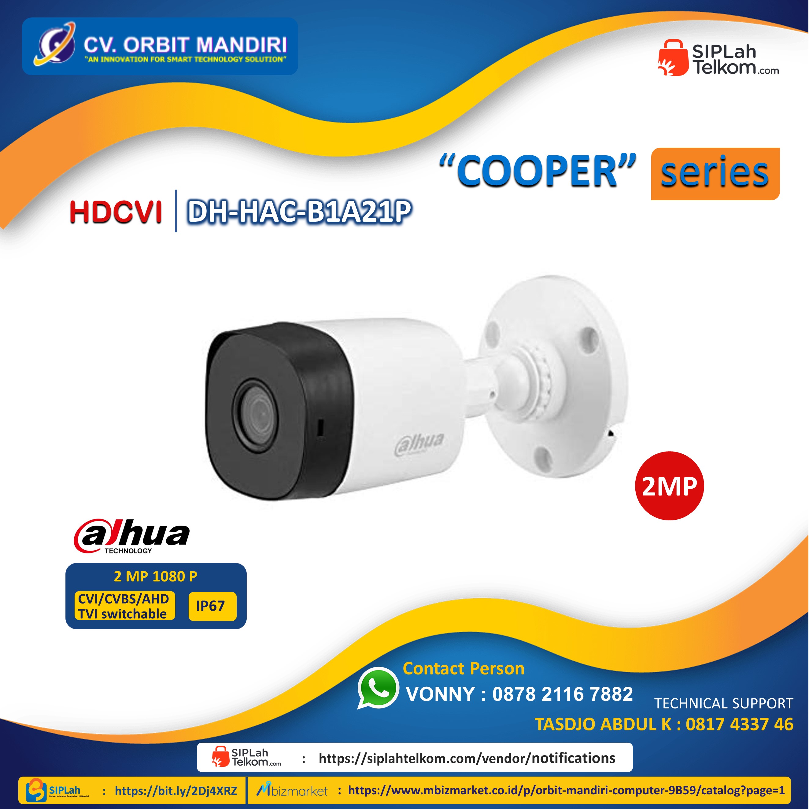 CCTV Outdoor DAHUA 2MP DH-HAC-B1A21P Cooper Series | SIPLah