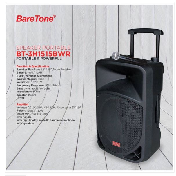 Speaker Portable Wireless Baretone BT 3H1515BWR ( 15 inch ) | SIPLah
